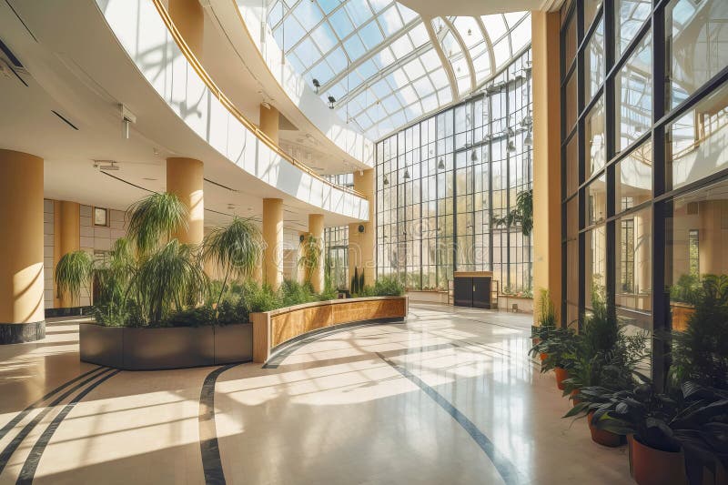 Empty Hall in Modern Building with Indoor Plants and Tall Windows ...