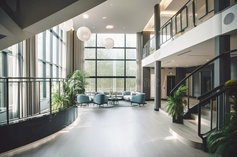 Empty Hall in Modern Building with Indoor Plants and Tall Windows ...