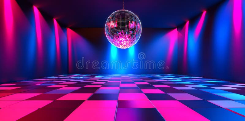 An Empty Hall at Night Featuring a Vibrant Dance Floor Beneath a Disco ...