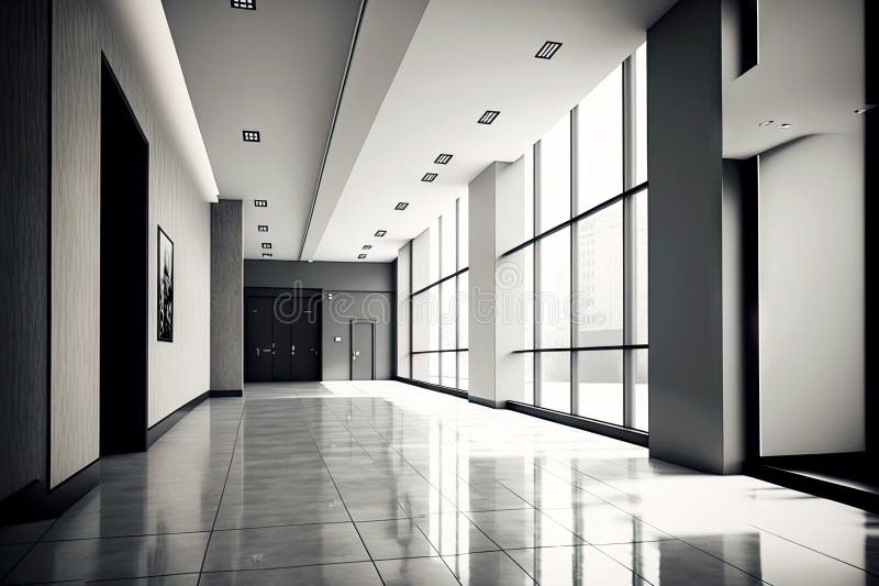 Empty Hall in Office Building with Minimalistic Grey Interior Design ...