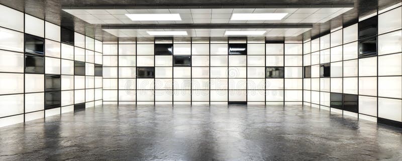Empty Hall with Tile Pattern Walls Background and Glossy Concrete Floor ...