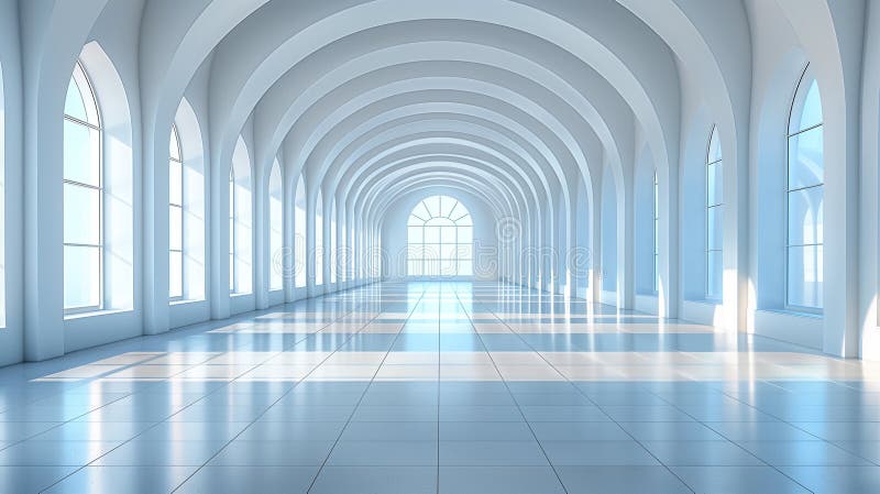 Empty Hallway with Arches and Windows Stock Illustration - Illustration ...