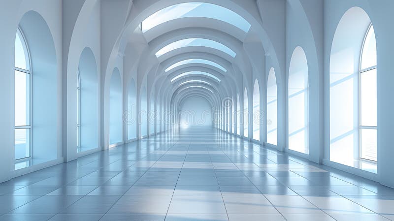 Empty Hallway with Arches and Windows Stock Illustration - Illustration ...