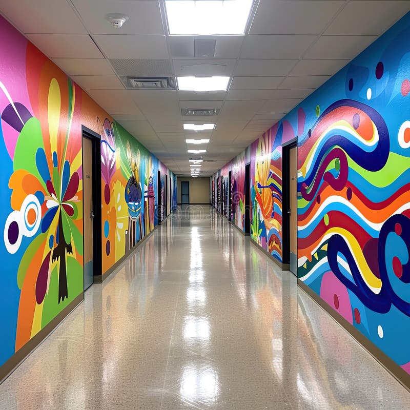 Empty Hallway with Bright Murals and Inspirational Quotes in an ...
