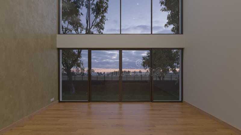 Empty Hallway with Front Yard View at Sunset Stock Illustration ...