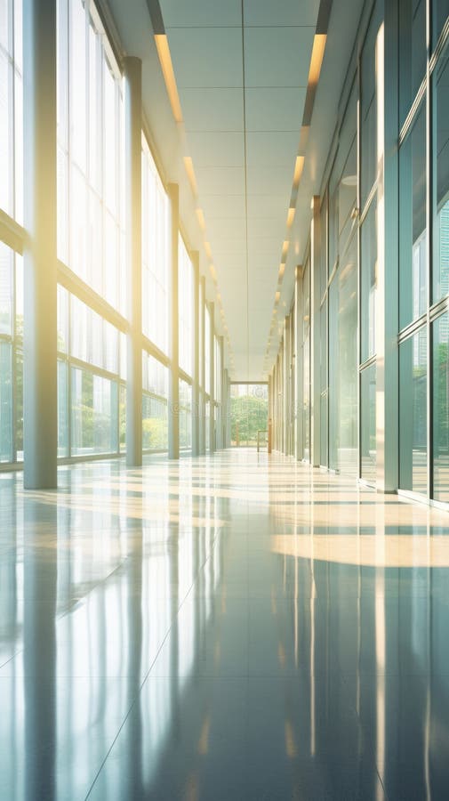 An Empty Hallway with Large Windows in a Modern Building Stock ...