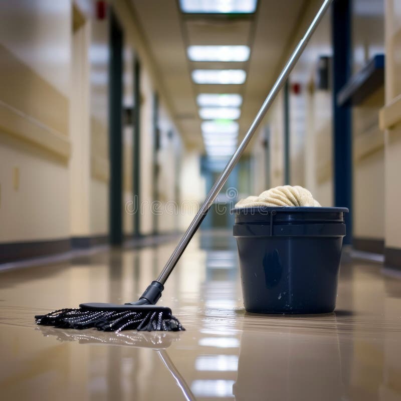 Empty Hallway with Reflective Tiled Floor, a Mop and Bucket in the ...
