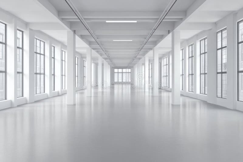 Empty Hallway Stretches with Bright Windows and Minimalist Design ...