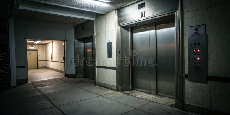 Empty Hallway with Two Elevators and Dim Lighting in a Modern Building at Night Stock Image ...
