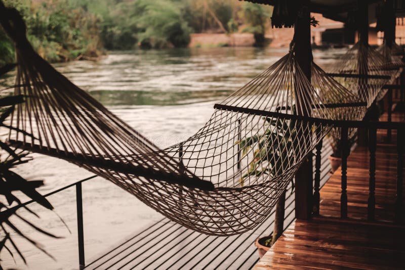 Empty Hammock Hanging between Tree Near the River Stock Photo - Image ...