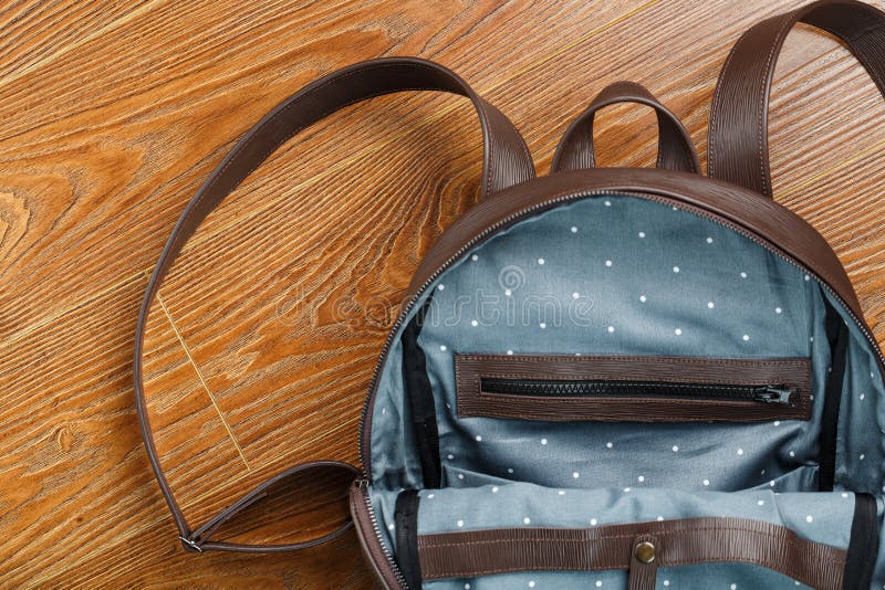 An Empty Handmade Genuine Leather Backpack is Open for Things Stock ...