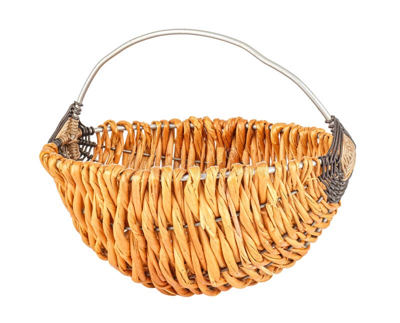 Empty Handmade Small Wicker Basket with Wire Handle Isolated on White ...
