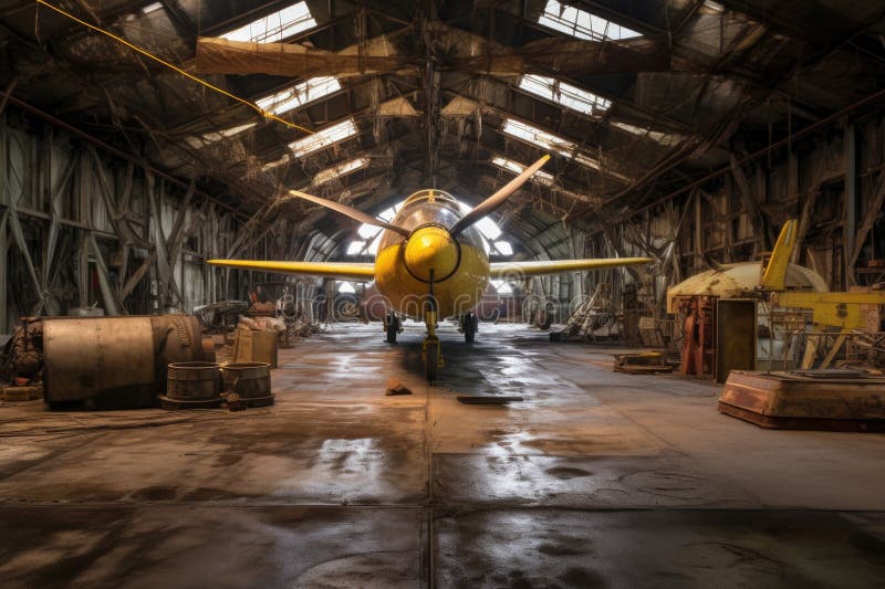 An Empty Hangar with Decaying Aviation Equipment Stock Illustration ...