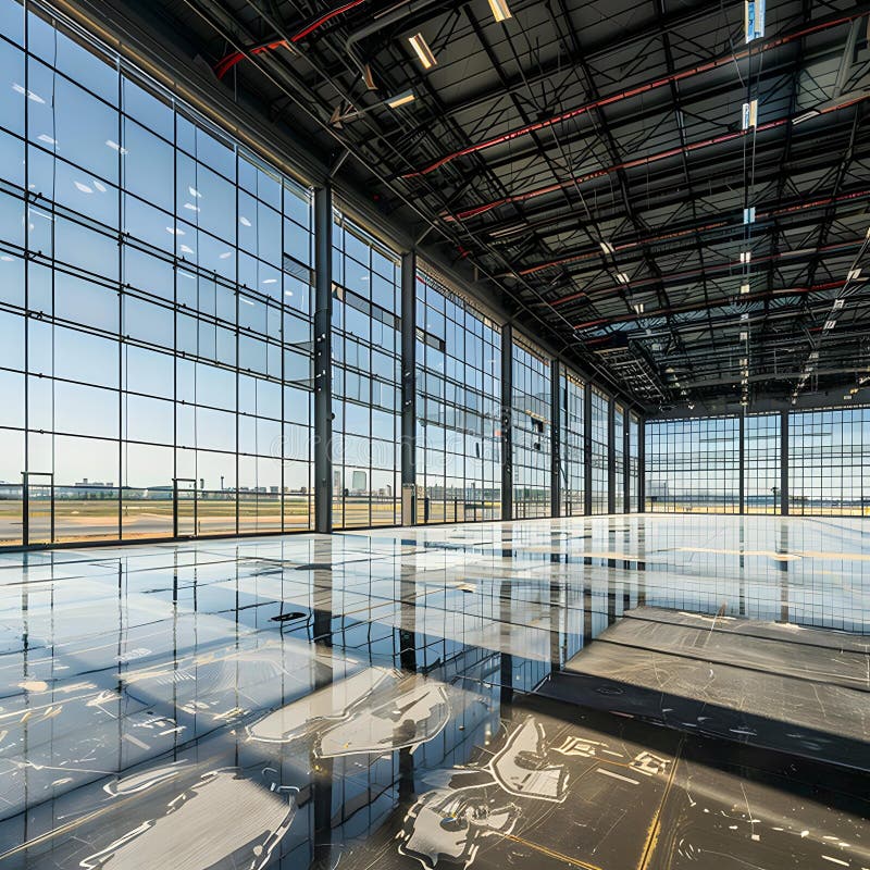 Empty Hangar with Large Windows and View of Airport Generated Using AI ...