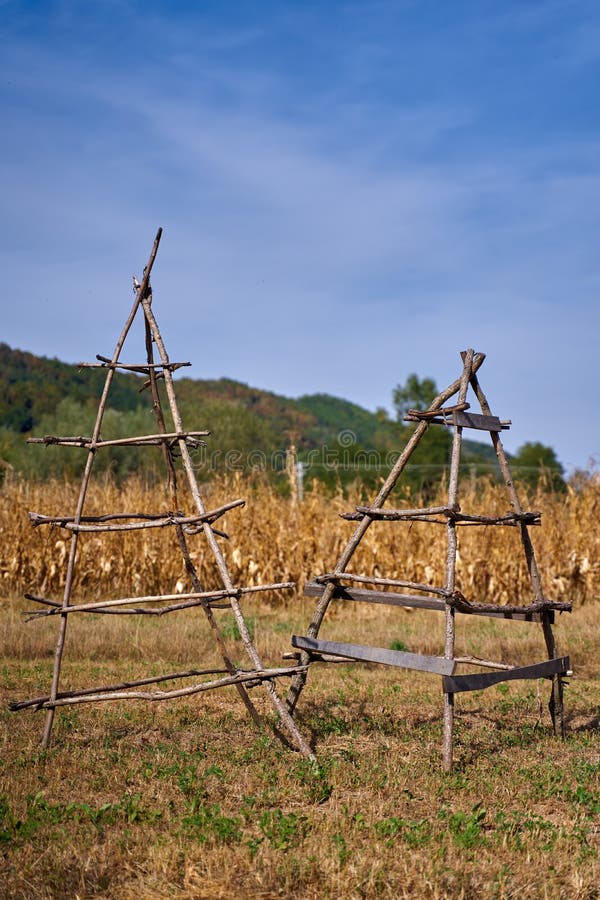 Empty Hay Racks in a Corn Field Stock Image - Image of blue, scaffold ...