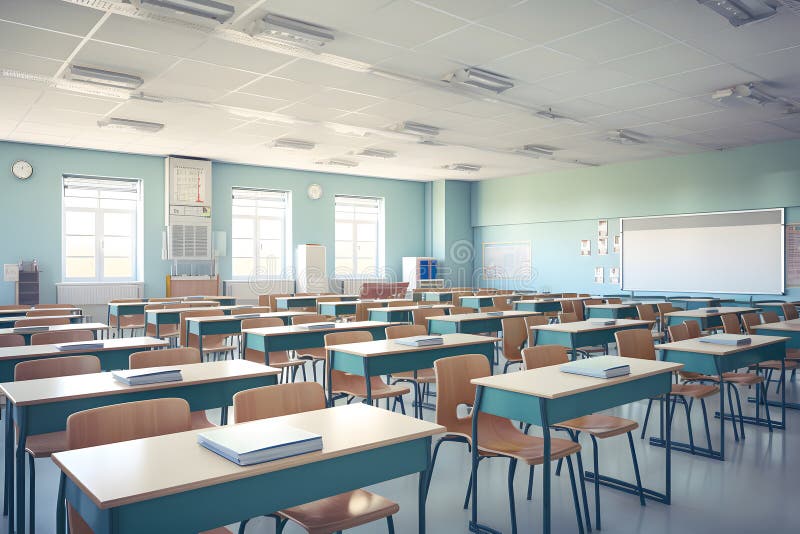 Empty High School Classroom with Rows of Desks and Chairs, Representing the Quietness before ...