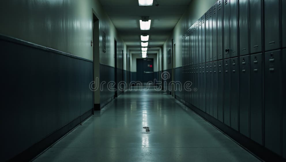 An Empty High School Hallway Bathed in Somber Light from Above Stock ...