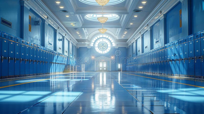 Empty High School Lobby with Students Lockers on Both Sides and Exit ...