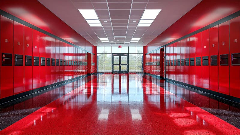 Empty High School Lobby with Students Lockers on Both Sides and Exit ...