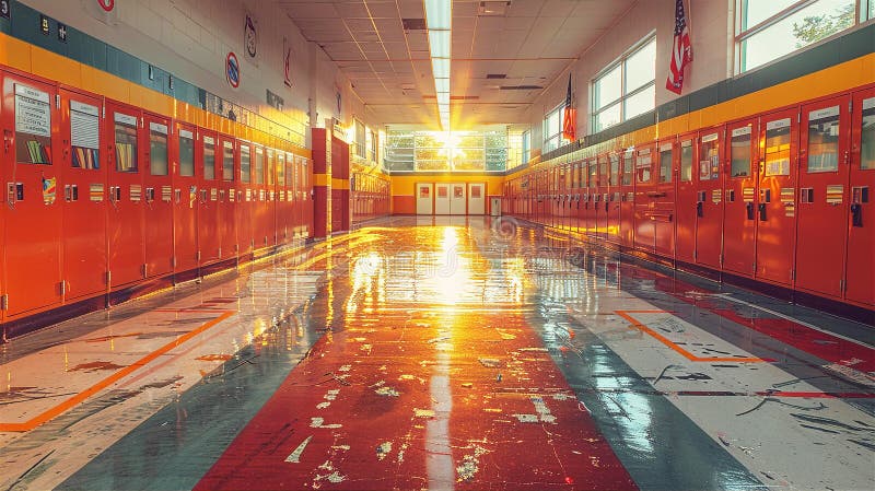 Empty High School Lobby with Students Lockers on Both Sides and Exit ...