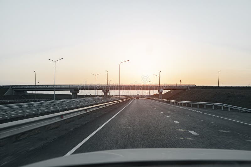 Empty Highway at Dawn, View from Driver`s Perspective Stock Image ...