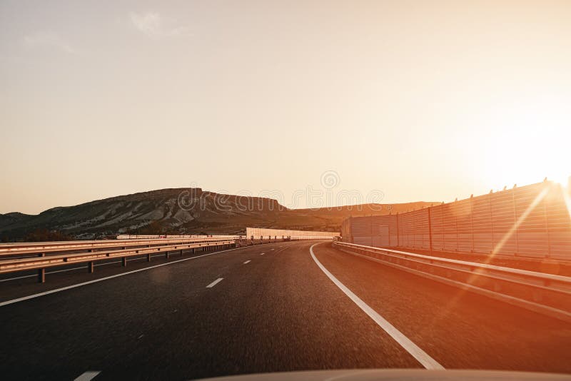 Empty Highway at Dawn, View from Driver`s Perspective Stock Photo ...
