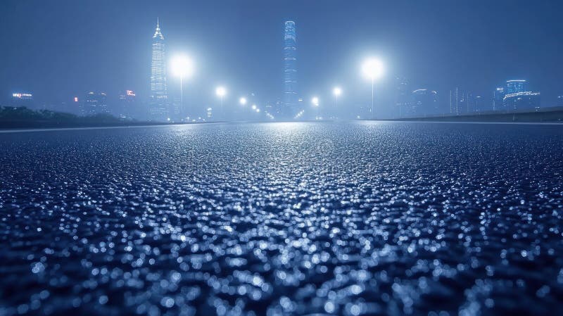 Empty Highway at Night with City Skyline in the Distance Stock Photo ...