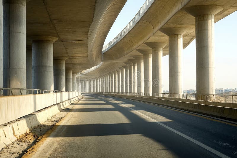 Empty Highway Under Concrete Bridge Structure a Long Empty Highway Runs ...