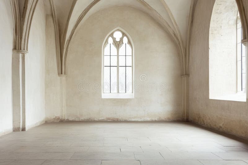 Empty Historic Room with Gothic Arches and Large Windows in an Old ...