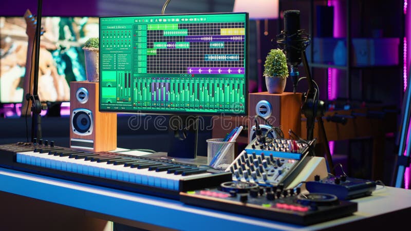 Empty Home Studio Desk with DAW Software and Mixing Console Used for ...