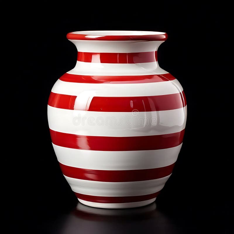 Empty Horizontal White and Red Stripes Ceramic Vase on Black Background ...