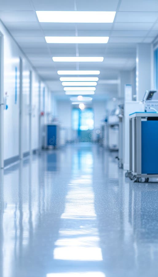 Empty Hospital Corridor, Blurred Interior, Sterile Environment. Medical ...
