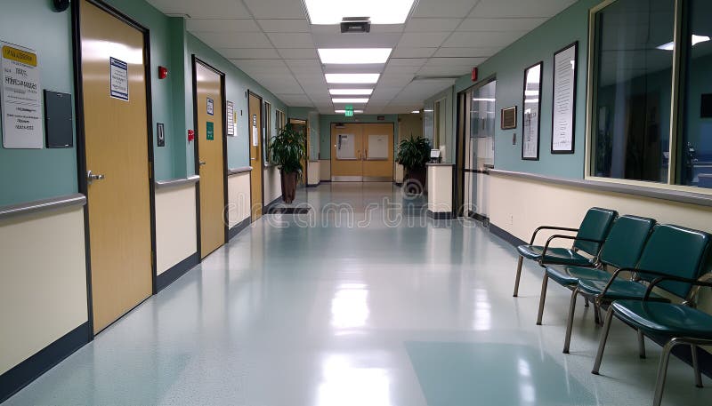 Empty Hospital Corridor with Chairs and Doors Stock Image - Image of ...