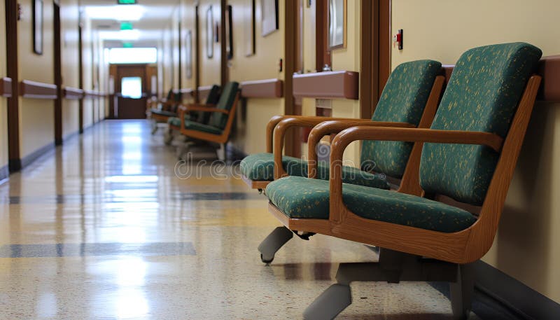 Empty Hospital Corridor with Chairs and Doors Stock Image - Image of ...