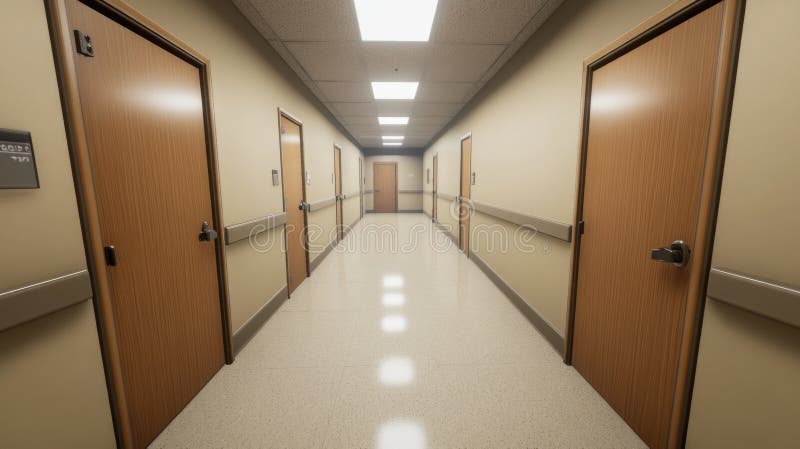 Empty Hospital Corridor with Closed Wooden Doors and Overhead Lighting ...