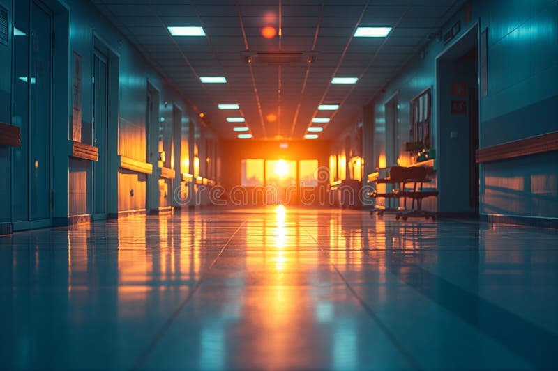 Empty Hospital Corridor Illuminated by Setting Sun Stock Illustration ...