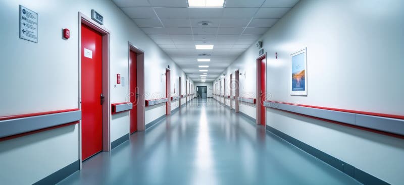Empty Hospital Corridor with Red Doors. Modern Interior Design with ...