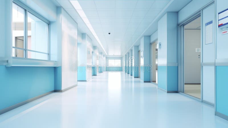 An Empty Hospital Hallway with Blue Walls and White Floors Stock Image ...