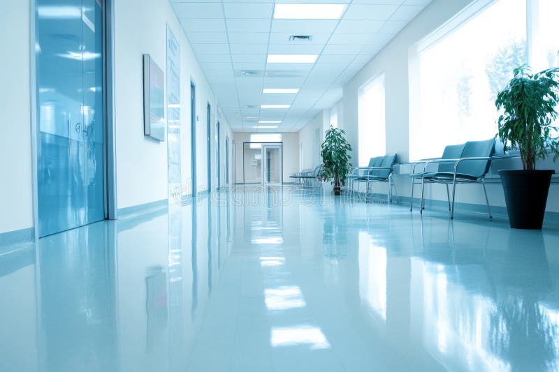 Empty Hospital Hallway with Chairs and Glass Walls Stock Photo - Image ...