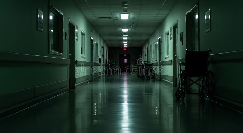 Empty Hospital Hallway with Wheelchairs and Dark Lighting Creates ...