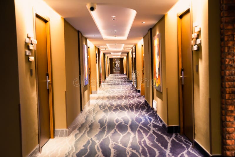 Empty Hotel Corridor View at Night with Lights Stock Photo - Image of ...