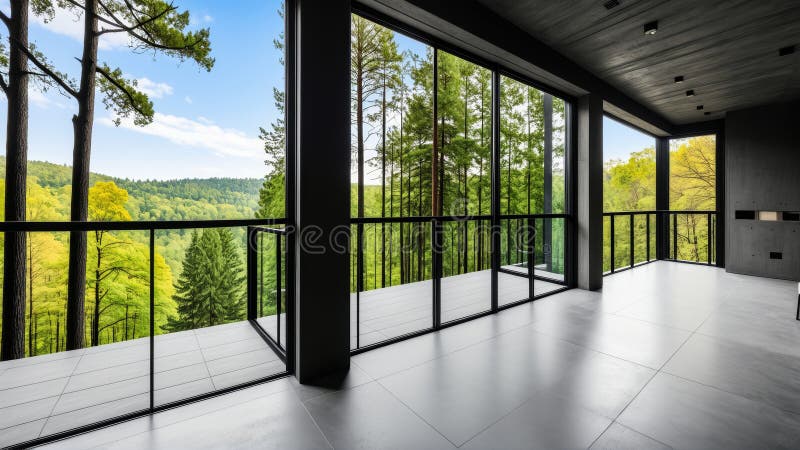 Balcony with Panoramic Windows Overlooking Forest in Modern Concrete ...