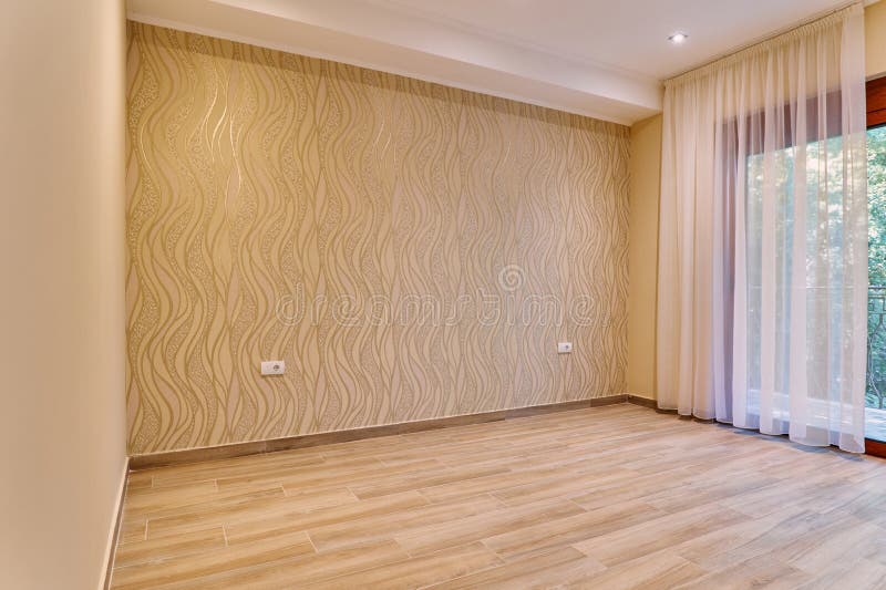 Empty Hotel Room with Two Sockets on the Wall and Panoramic Windows ...