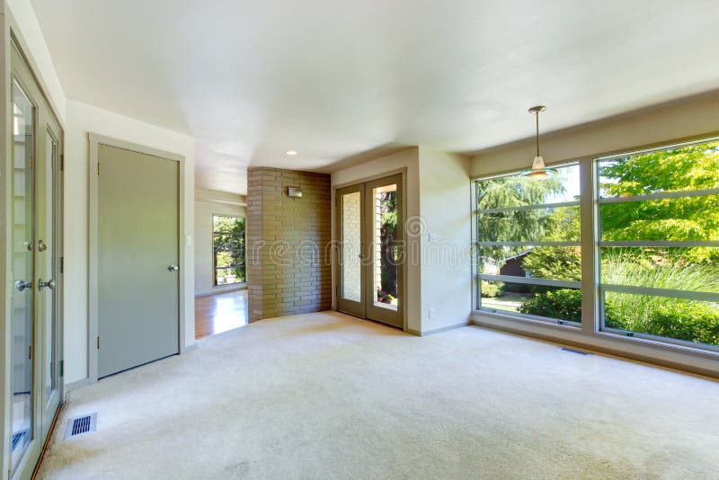 Empty House Interior. Living Room with Glass Wall Stock Photo - Image ...