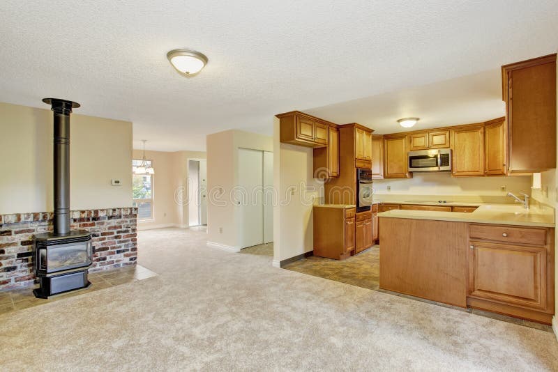 Empty House Interior. Living Room with Kitchen Area Stock Photo - Image ...