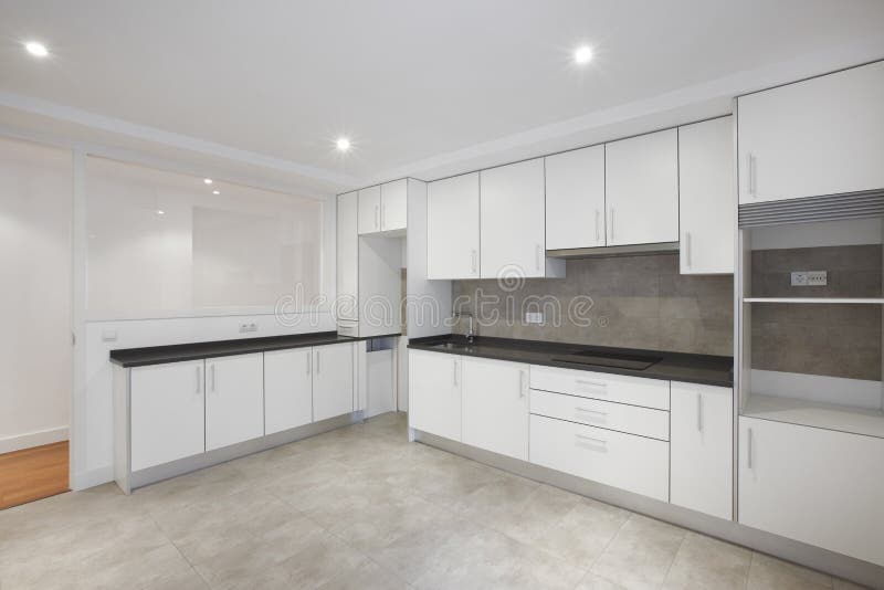 Empty House Kitchen with White Furniture Stock Image - Image of home ...