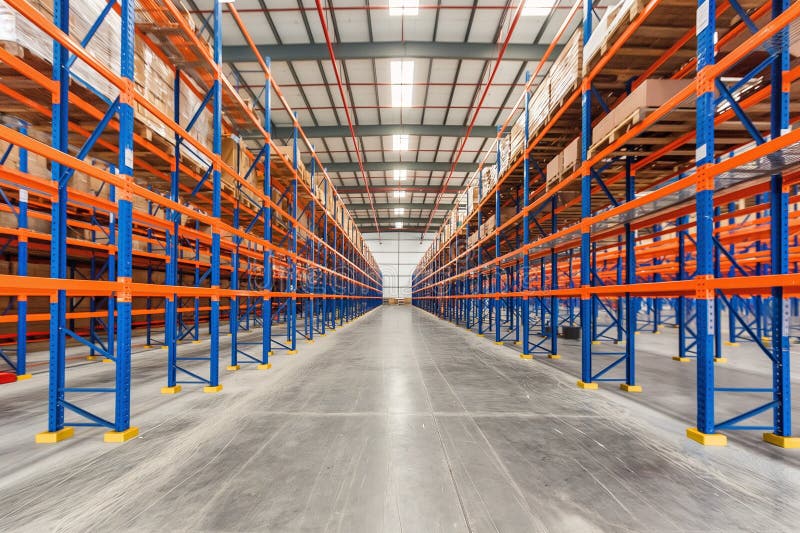 Empty Huge Distribution Warehouse with High Shelves and Pallet, Modern ...