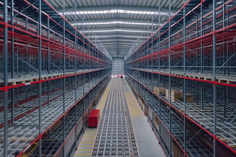 Empty Huge Distribution Warehouse with High Shelves and Pallet, Modern ...