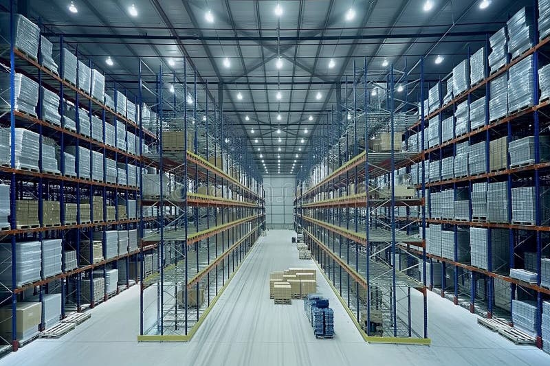 Empty Huge Distribution Warehouse with High Shelves and Pallet, Modern ...
