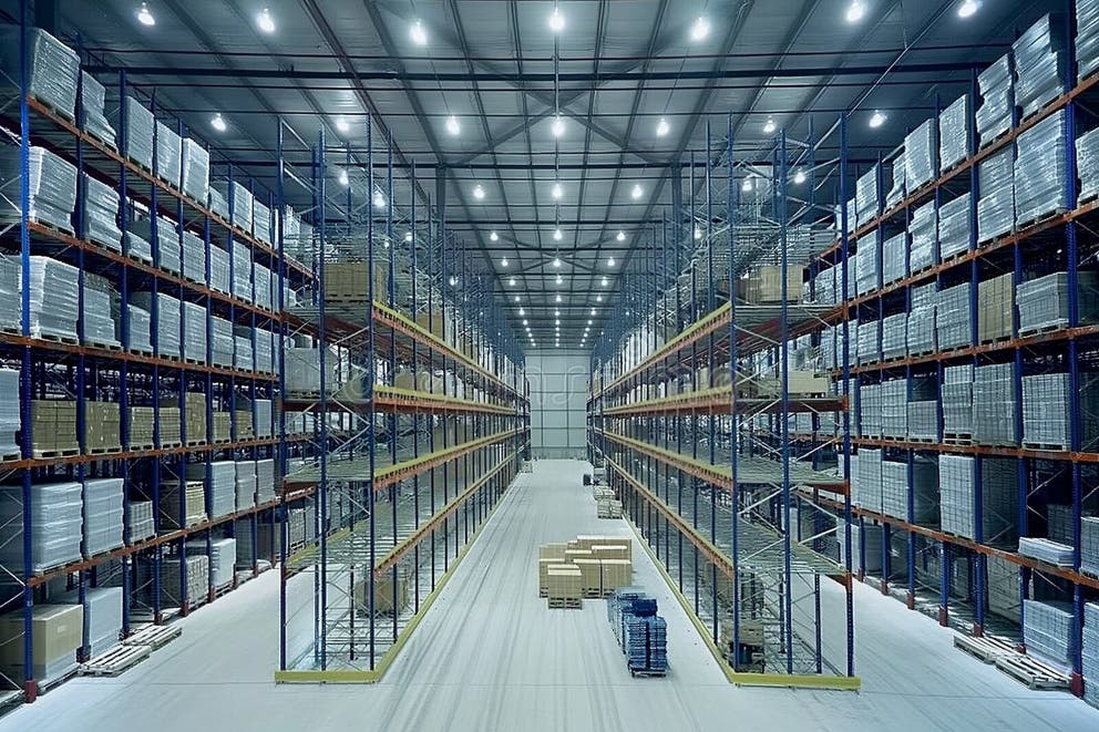 Empty Huge Distribution Warehouse with High Shelves and Pallet, Modern ...